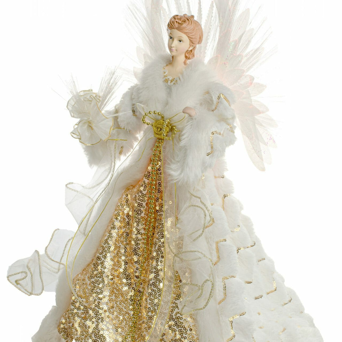 16" White and Gold Cloth Classic Fiber Optic Angel Tree Topper with Bo ...